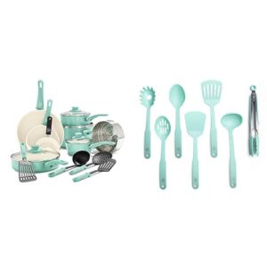 greenlife soft grip healthy ceramic nonstick, cookware pots and pans set, 16 piece, turquoise & nylon cooking set, 7-piece, turquoise, 7pc utensil, turqouise