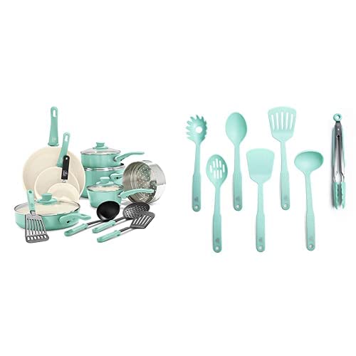 GreenLife Soft Grip Healthy Ceramic Nonstick, Cookware Pots and Pans Set, 16 Piece, Turquoise & Nylon Cooking Set, 7-Piece, Turquoise, 7pc Utensil, Turqouise