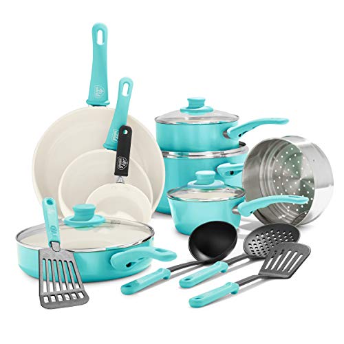 GreenLife Soft Grip Healthy Ceramic Nonstick, Cookware Pots and Pans Set, 16 Piece, Turquoise & Nylon Cooking Set, 7-Piece, Turquoise, 7pc Utensil, Turqouise