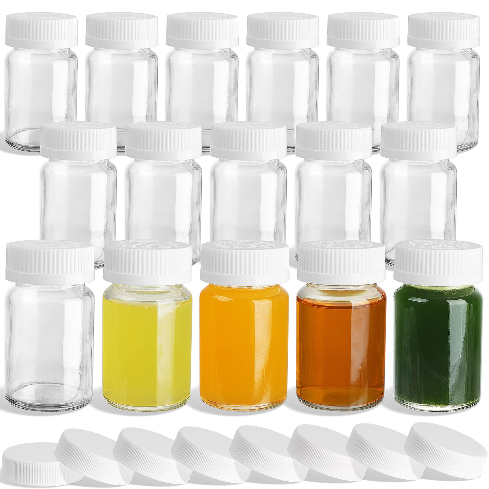 Syntic 16 Pack 2.5 Oz Wide Mouth Juice Shot Bottles with 16 Sealed Press Screw Caps & 8 Airtight Lids! Small Glass Ginger Shot Bottles for Oil, Ginger, Travel Bottle, Reusable and Dishwasher Safe