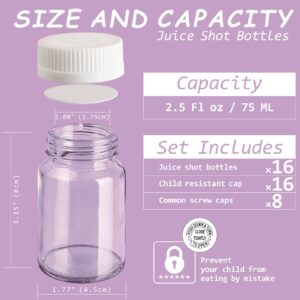 Syntic 16 Pack 2.5 Oz Wide Mouth Juice Shot Bottles with 16 Sealed Press Screw Caps & 8 Airtight Lids! Small Glass Ginger Shot Bottles for Oil, Ginger, Travel Bottle, Reusable and Dishwasher Safe