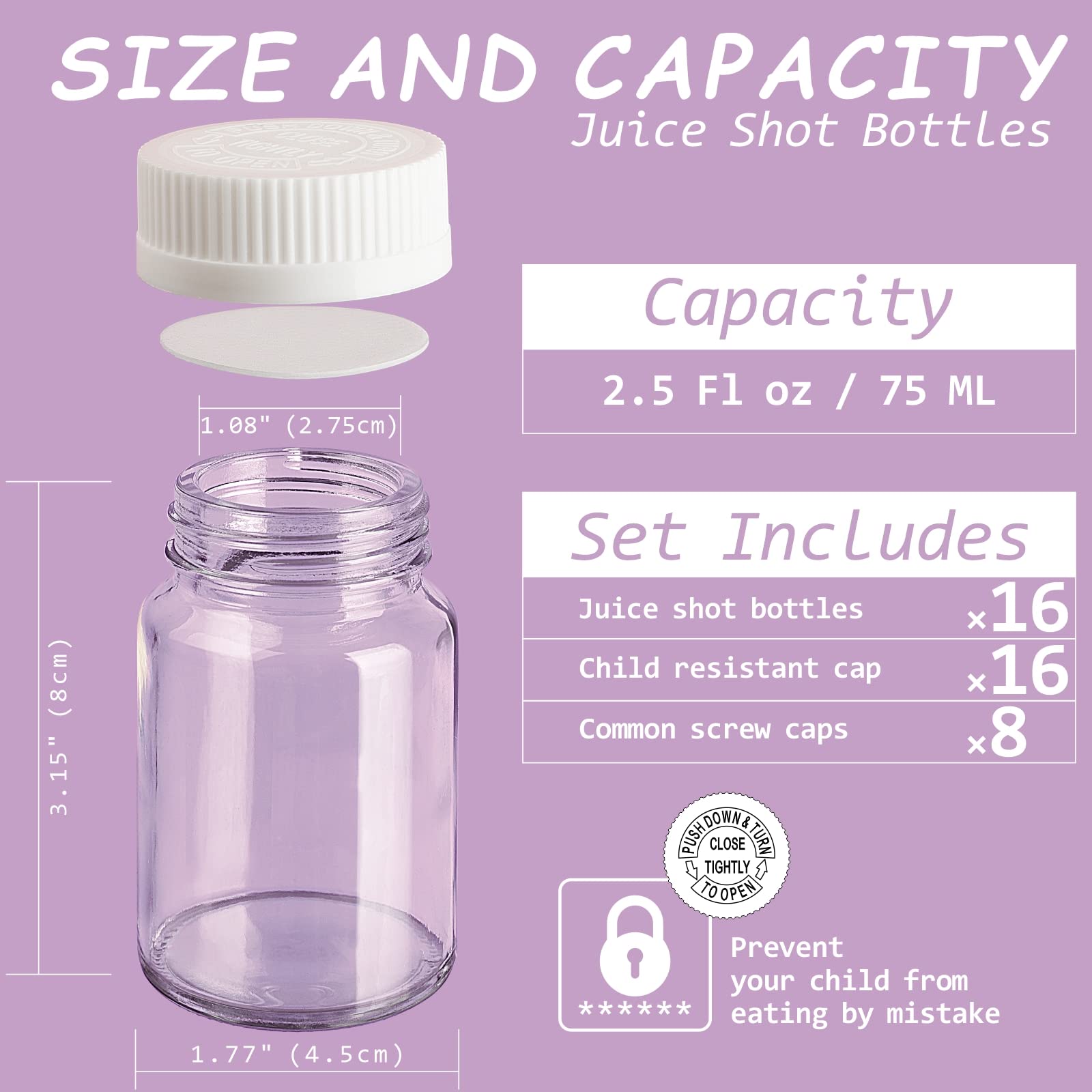 Syntic 16 Pack 2.5 Oz Wide Mouth Juice Shot Bottles with 16 Sealed Press Screw Caps & 8 Airtight Lids! Small Glass Ginger Shot Bottles for Oil, Ginger, Travel Bottle, Reusable and Dishwasher Safe