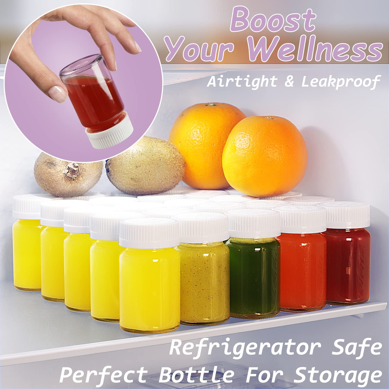 Syntic 16 Pack 2.5 Oz Wide Mouth Juice Shot Bottles with 16 Sealed Press Screw Caps & 8 Airtight Lids! Small Glass Ginger Shot Bottles for Oil, Ginger, Travel Bottle, Reusable and Dishwasher Safe