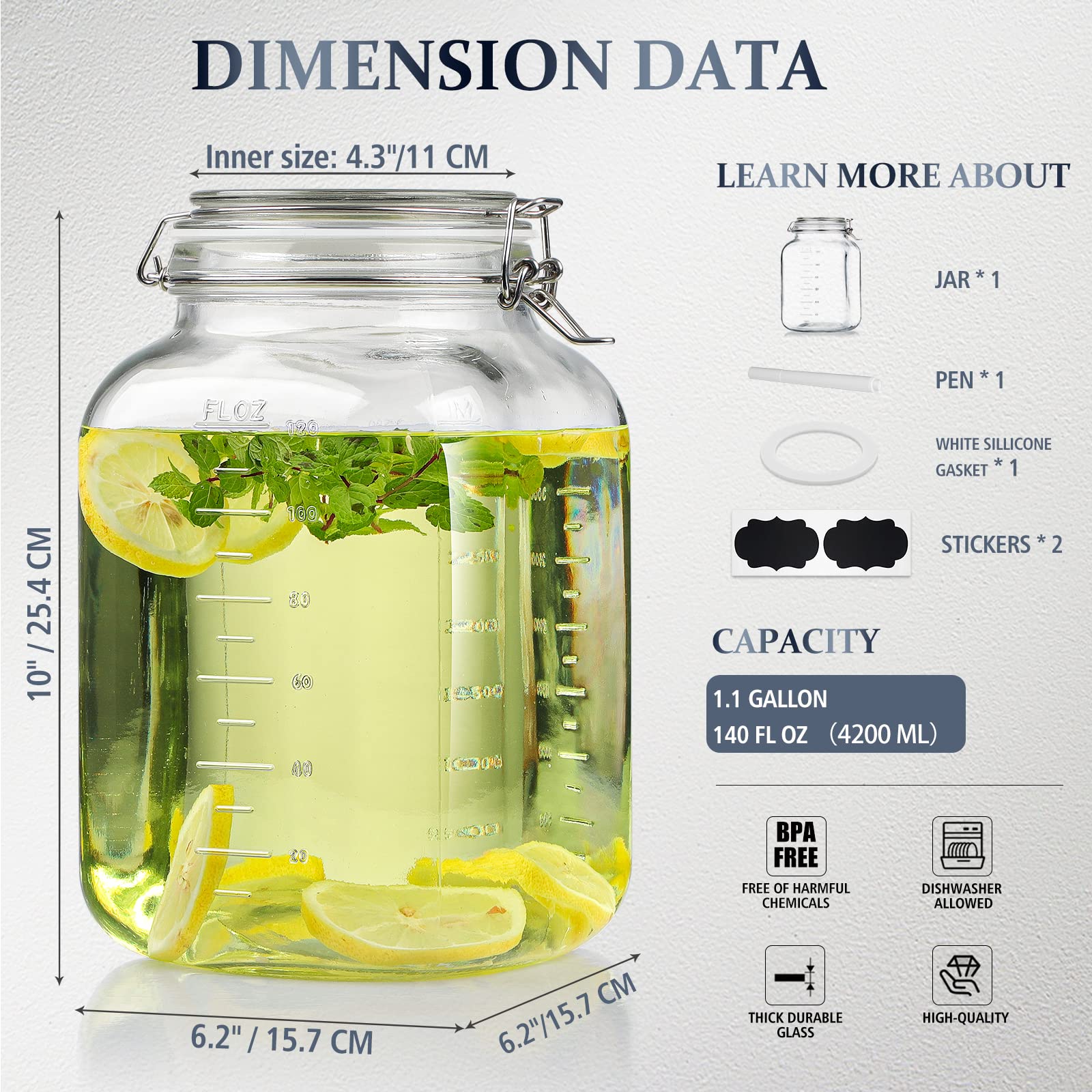 Folinstall 1 Gallon Square Super Wide-Mouth Glass Jars with Airtight Lids, Glass Storage Jars with 2 Measurement Mark, Sturdy Canning Jars with Large Capacity 4100 ML For Overnight Oats