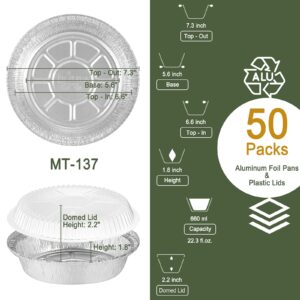 MESTAEK 7" Aluminum Foil Pans with Clear Lids 50 Pack,Heavy Duty Disposable Containers for Roasting,Storing,Baking,Cooking,Recyclable