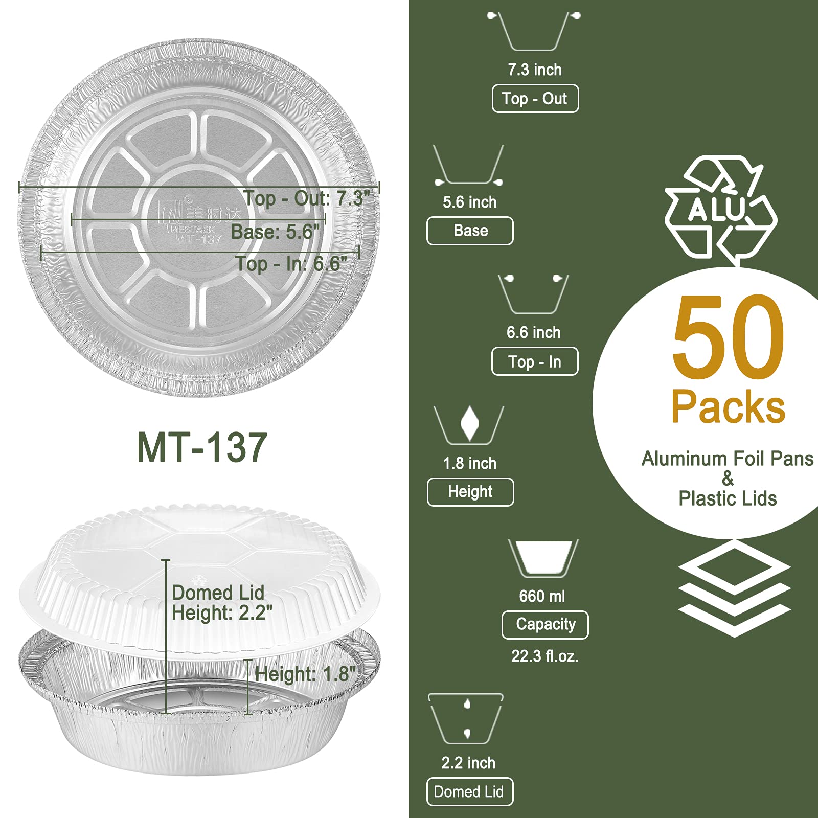 MESTAEK 7" Aluminum Foil Pans with Clear Lids 50 Pack,Heavy Duty Disposable Containers for Roasting,Storing,Baking,Cooking,Recyclable