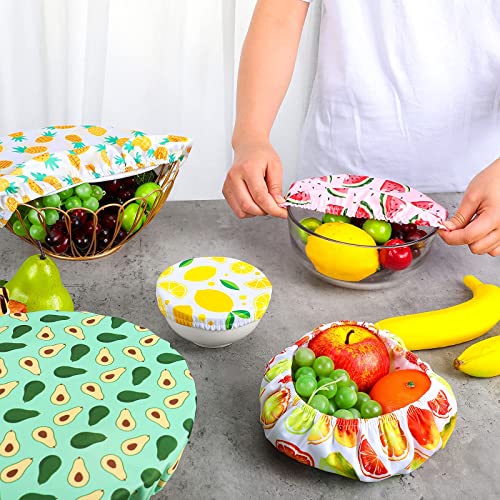 10 Pieces Bowl Covers Reusable in 5 Size Stretch Cloth Fabric Elastic Food Storage Cotton Bread Lids for Food, Fruits, Leftover (Summer Style)