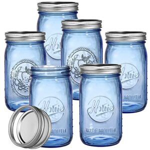 tebery 6 pack vintage blue home mason jars with airtight lids & bands, 32oz wide mouth quart glass canning jar for fermenting, pickling, storage, diy crafts & decor