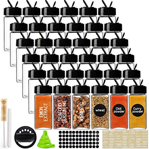 CUCUMI 36pcs 4oz Glass Spice Jars with Labels Spice Containers Square Spcie Bottles with Black Caps, 1pcs Silicone Collapsible Funnel 203pcs Waterproof Labels 1pcs Test Tube Brush 1 Chalk Marker