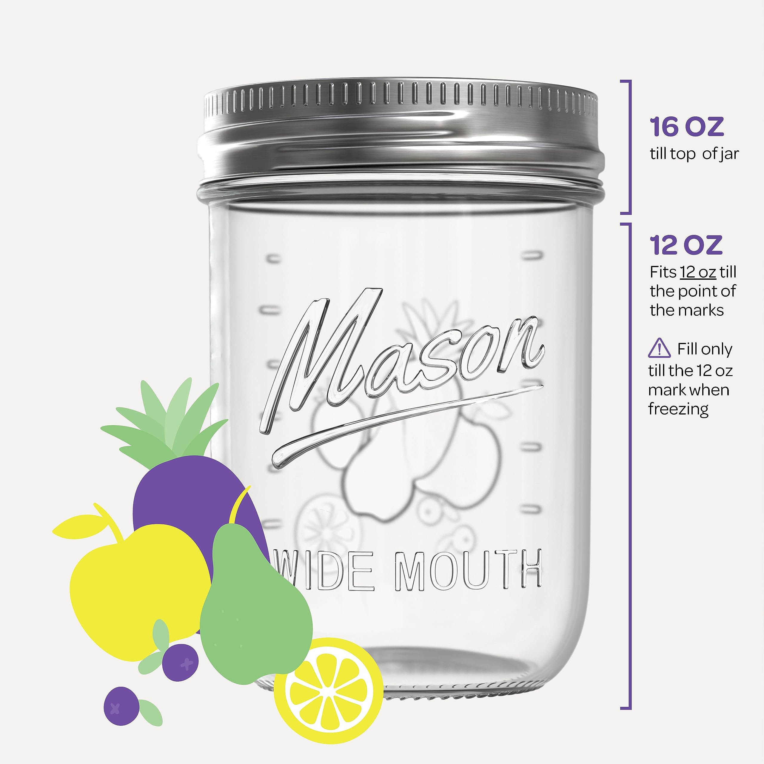 SEWANTA Wide Mouth Mason Jars 16 oz With mason jar lids and Bands, mason jars 16 oz - For Canning, Fermenting, Pickling - Jar Décor - Microwave/Freeze/Dishwasher Safe. (12)