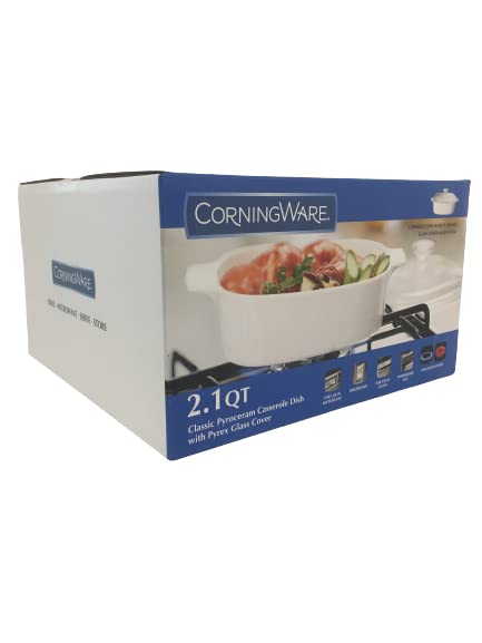 CorningWare Pyroceram Classic Casserole Dish with Glass Cover, White, Square, 2 Quart, 2 Liter (Medium)