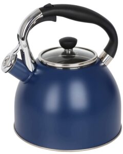 rorence stainless steel whistling kettle: 2.6 quart with capsule bottom & heat-resistant glass lid – navy blue