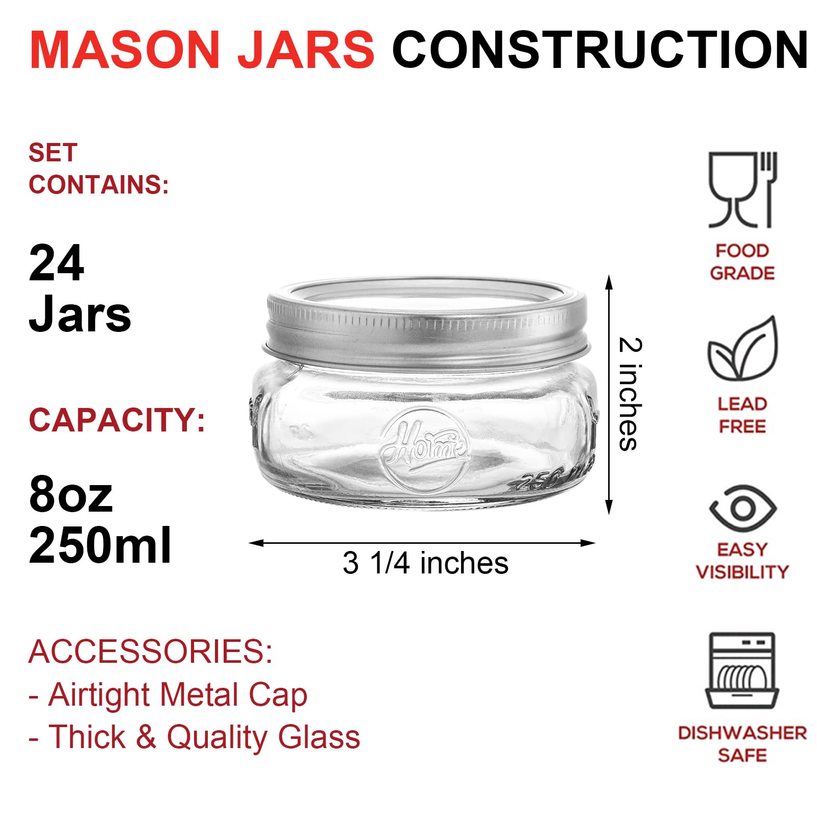 Tebery 24 Pack Home Glass Mason Jars with Silver Metal Airtight Lids and Bands, 8-Ounce Wide Mouth Glass Canning Jars for for Canning, Preserving, Meal Prep, Overnight Oats, Jam, Jelly