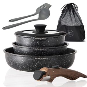 kitchen academy detachable handle induction cookware sets - 10 piece non-stick cooking pots and pans, black granite stackable rv cookware for camp