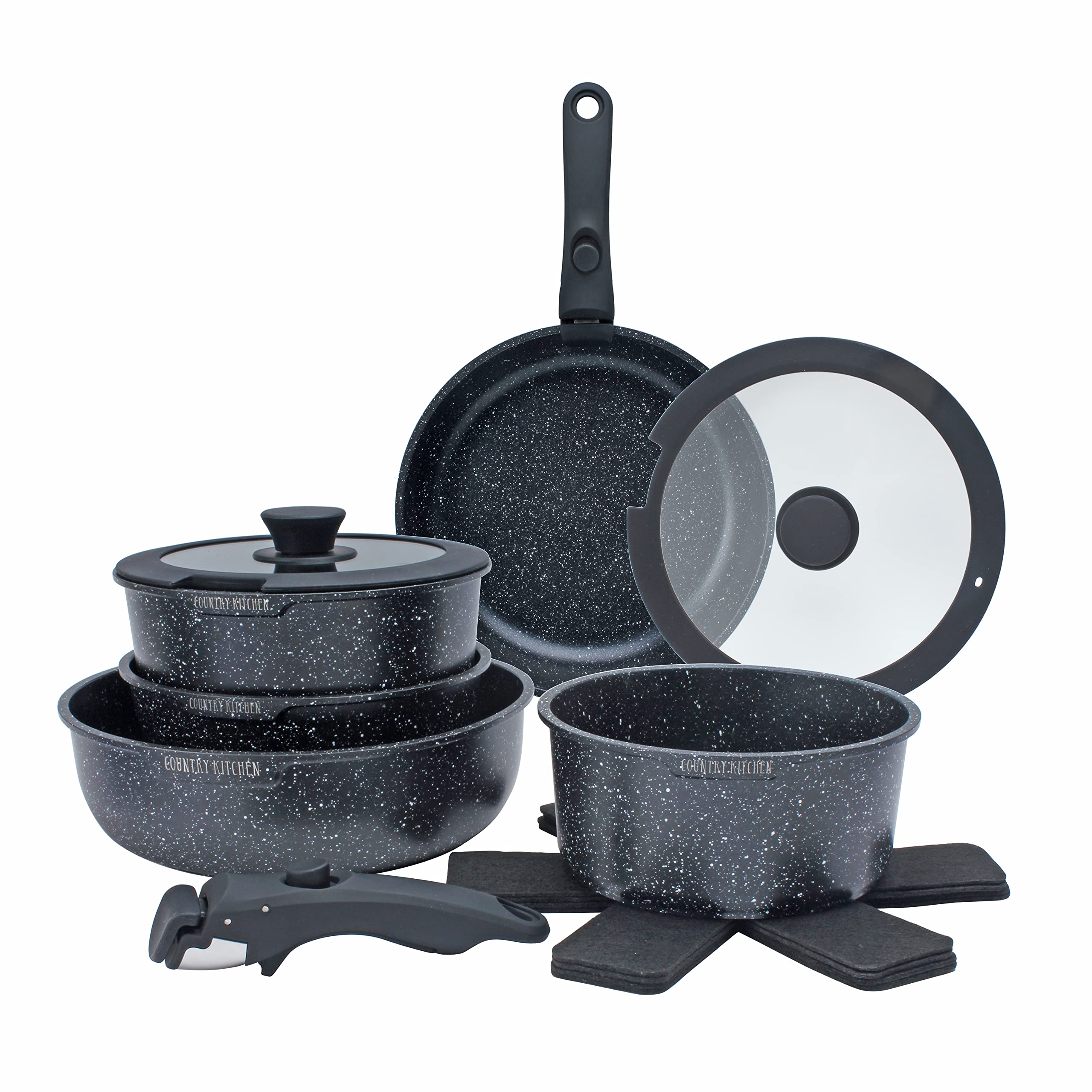 Country Kitchen 13 Piece Pots and Pans Set - Safe Nonstick Kitchen Cookware with Removable Handle, RV Cookware Set, Oven Safe (Black)