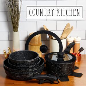 Country Kitchen 13 Piece Pots and Pans Set - Safe Nonstick Kitchen Cookware with Removable Handle, RV Cookware Set, Oven Safe (Black)