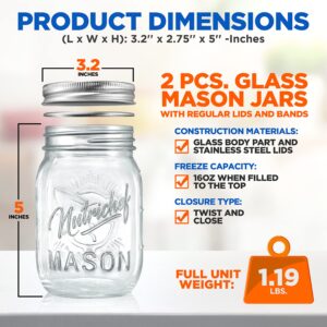 NutriChefKitchen Mason Jars with Lids - 16oz DIY Magnetic Spice Jar Glass Container w/Airtight Lid and Band - Ideal for Meal Prep, Overnight Oats,Jelly,Jam, Honey,Candles,Crafts,Wedding Favors (2 Pcs)