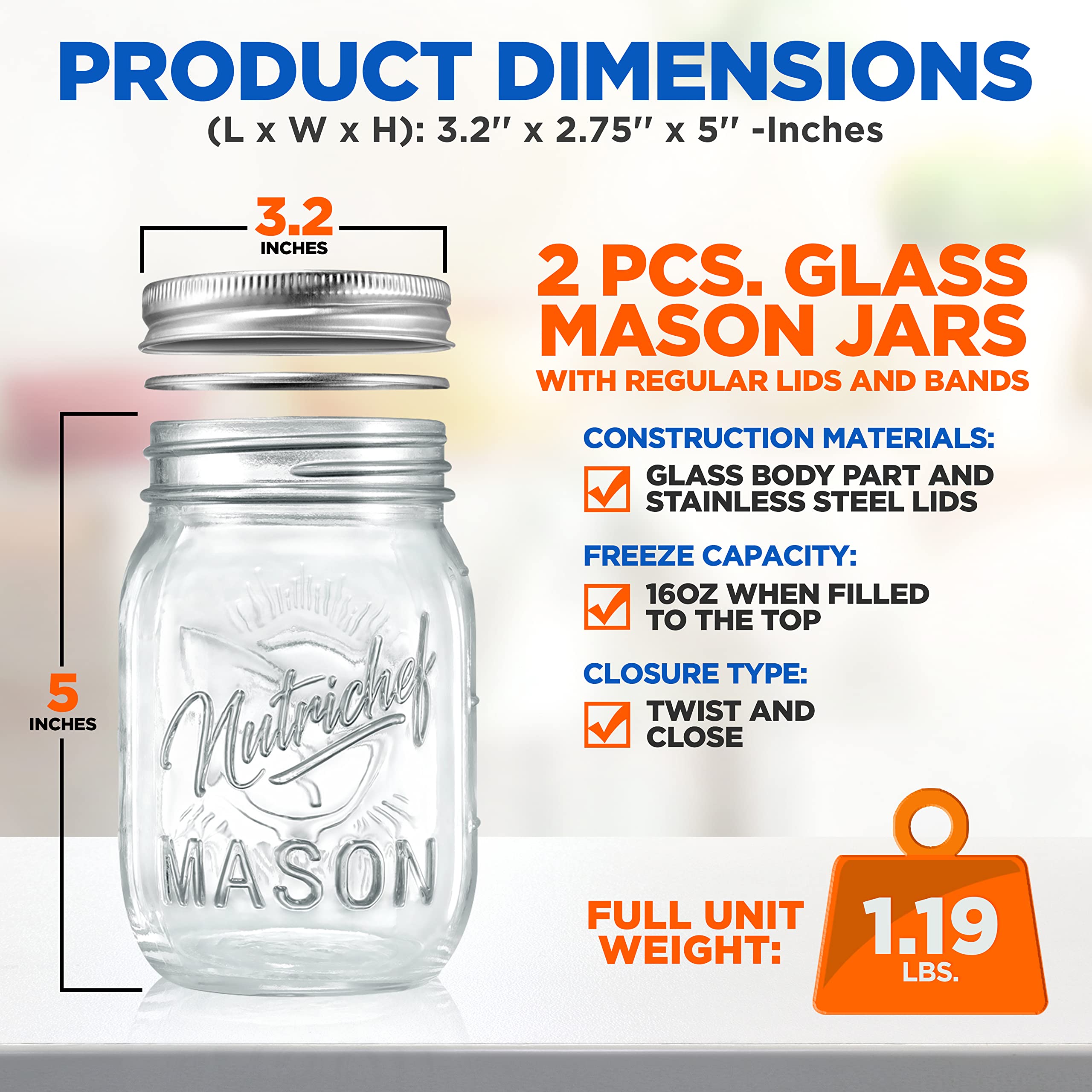 NutriChefKitchen Mason Jars with Lids - 16oz DIY Magnetic Spice Jar Glass Container w/Airtight Lid and Band - Ideal for Meal Prep, Overnight Oats,Jelly,Jam, Honey,Candles,Crafts,Wedding Favors (2 Pcs)