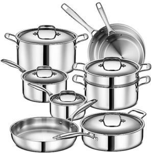 legend 5 ply 14 pc all stainless steel heavy pots & pans set | professional quality cookware 5ply clad home cooking & commercial kitchen surface induction oven safe | non-teflon pfoa, ptfe & pfos free