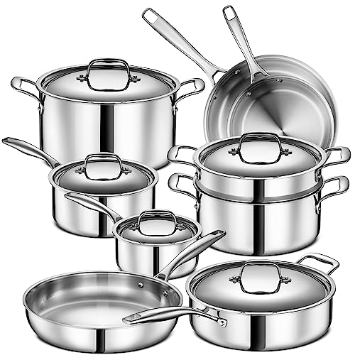 Legend 5 Ply 14 pc All Stainless Steel Heavy Pots & Pans Set | Professional Quality Cookware 5ply Clad Home Cooking & Commercial Kitchen Surface Induction Oven Safe | Non-Teflon PFOA, PTFE & PFOS Free