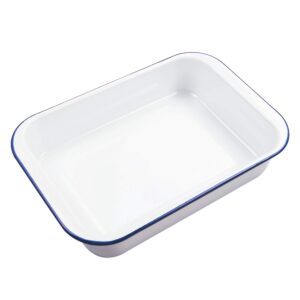 webake enamelware 9x13 baking pan oblong cake pan enameled steel roasting pan baking dish lasagna pan food containers, solid white with blue rim