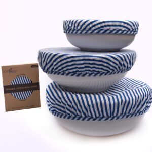 Organic Reusable Bowl Covers – Elastic Bowl Cover Set of 3 Lids Sizes - Blue Stripes 100% Cotton - Great Gift Fabric Food Covers - Kitchen Essential Gift for Women - Stretched Food Covers