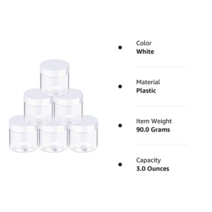 6 Pack Clear Container with Lids Small Plastic Pot Jars Wide Mouth Round Leak Proof Plastic Container Jars with Lid for Travel Storage, Eye Shadow, Nails, Paint, Jewelry (White,3 oz)