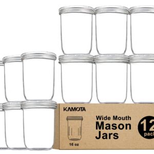 KAMOTA Wide Mouth Mason Jars 16 oz With Regular Lids and Bands, Ideal for Jam, Honey, Wedding Favors, Shower Favors, Baby Foods, DIY Spice Jars, 12 PACK, 12 Silver Pipette Covers Included