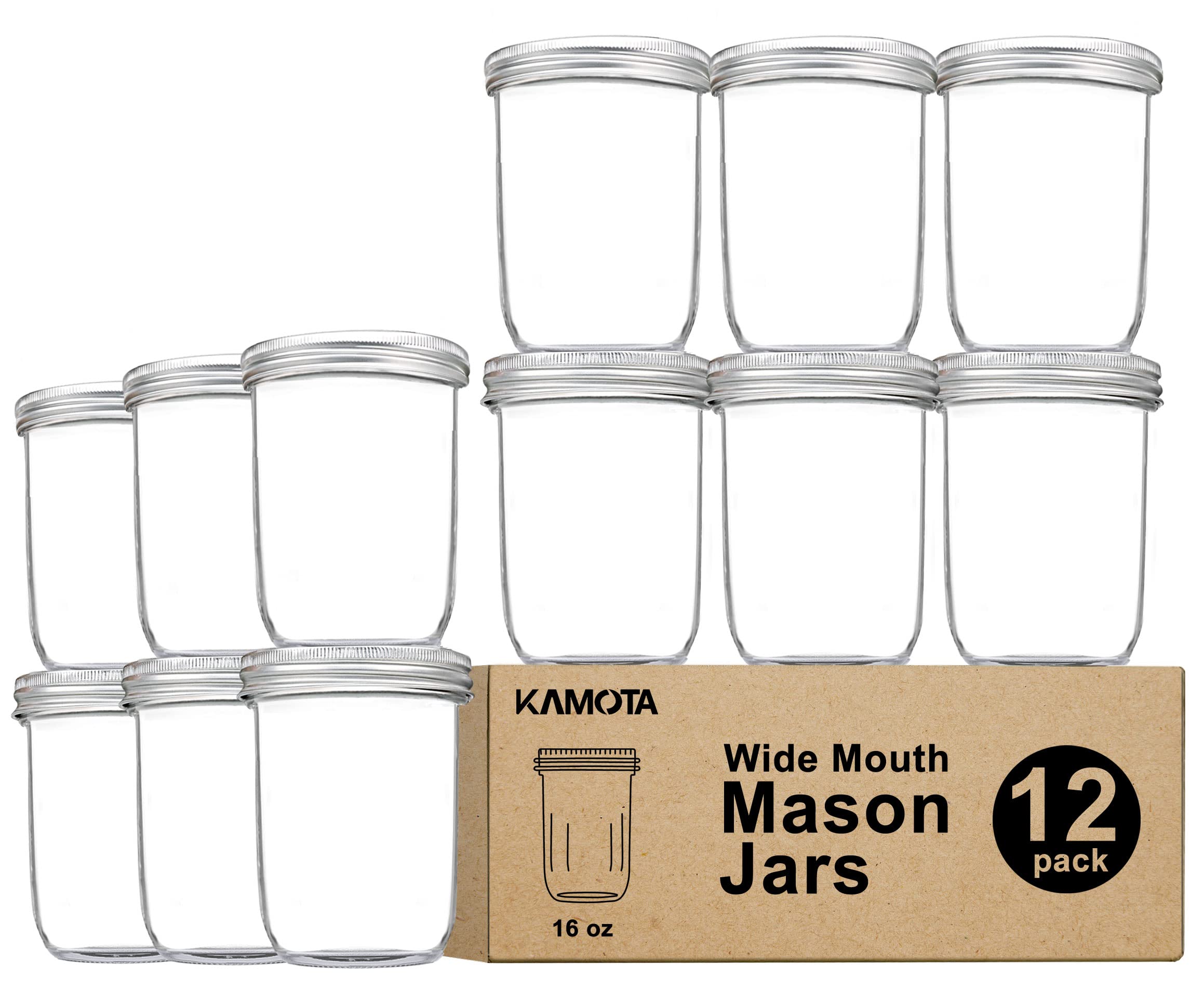 KAMOTA Wide Mouth Mason Jars 16 oz With Regular Lids and Bands, Ideal for Jam, Honey, Wedding Favors, Shower Favors, Baby Foods, DIY Spice Jars, 12 PACK, 12 Silver Pipette Covers Included