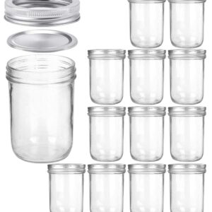 KAMOTA Wide Mouth Mason Jars 16 oz With Regular Lids and Bands, Ideal for Jam, Honey, Wedding Favors, Shower Favors, Baby Foods, DIY Spice Jars, 12 PACK, 12 Silver Pipette Covers Included