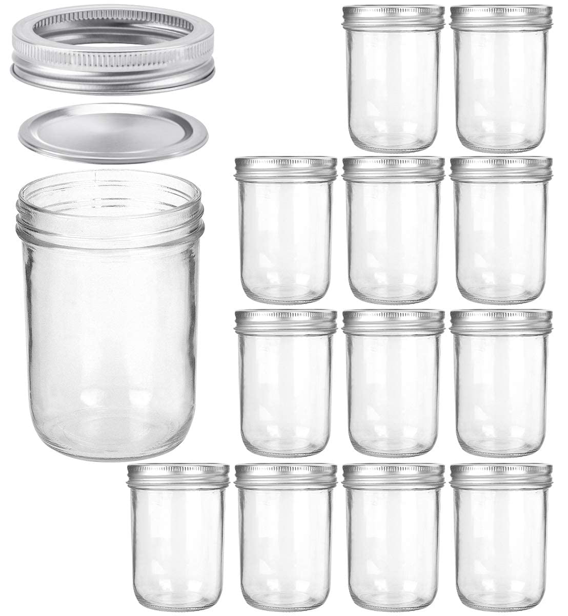 KAMOTA Wide Mouth Mason Jars 16 oz With Regular Lids and Bands, Ideal for Jam, Honey, Wedding Favors, Shower Favors, Baby Foods, DIY Spice Jars, 12 PACK, 12 Silver Pipette Covers Included