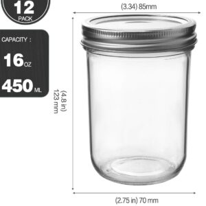 KAMOTA Wide Mouth Mason Jars 16 oz With Regular Lids and Bands, Ideal for Jam, Honey, Wedding Favors, Shower Favors, Baby Foods, DIY Spice Jars, 12 PACK, 12 Silver Pipette Covers Included