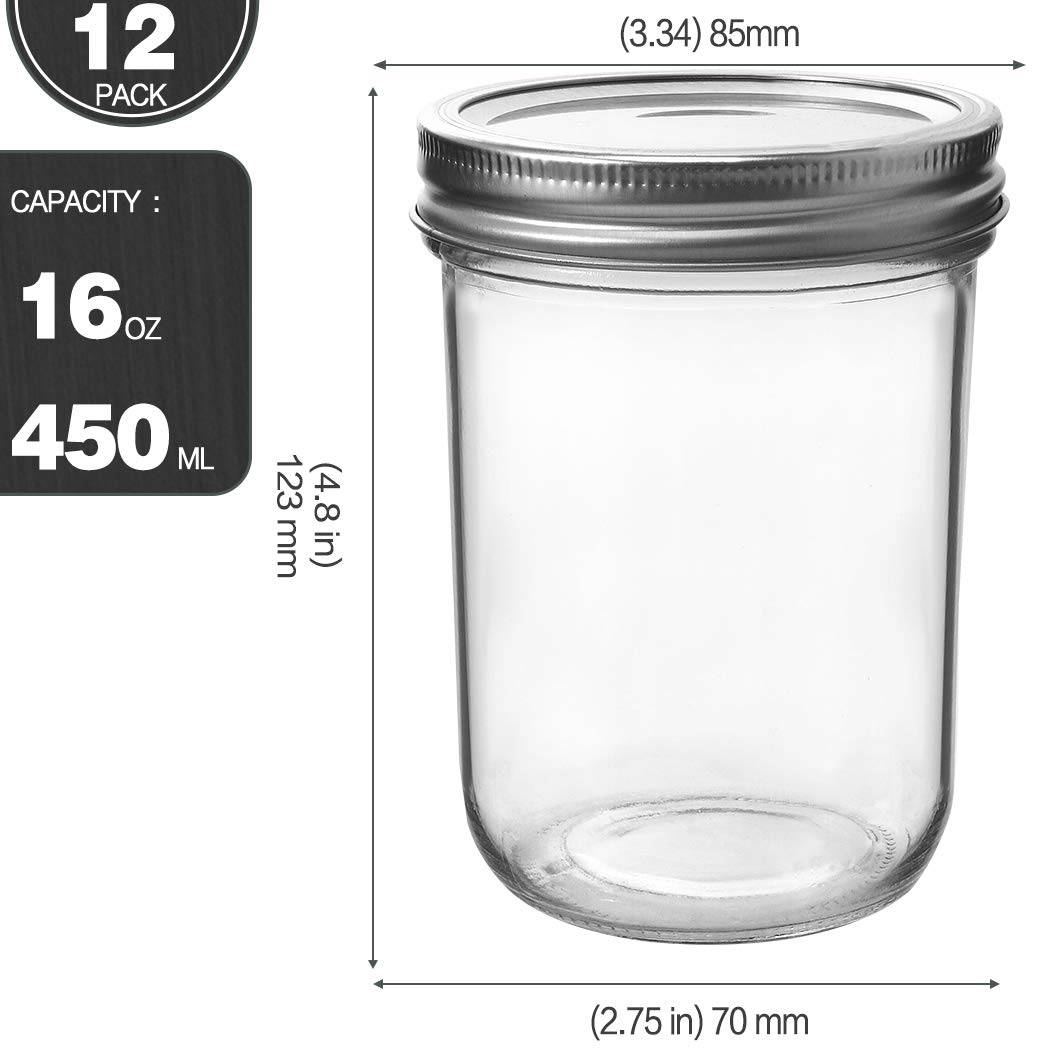 KAMOTA Wide Mouth Mason Jars 16 oz With Regular Lids and Bands, Ideal for Jam, Honey, Wedding Favors, Shower Favors, Baby Foods, DIY Spice Jars, 12 PACK, 12 Silver Pipette Covers Included