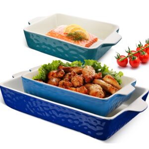 3pack ceramic baking dish for oven large casserole baking dish with handles packaging upgrade nonstick ceramic bakeware for cooking, cakes, lasagna & gift, blue