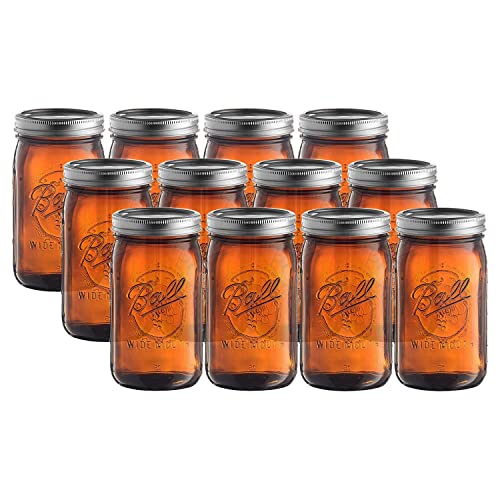 Ball WIDE MOUTH Quart (32 oz.) Glass Food Preserving Pickling Canning Mason Jar with Lid and Band, Clear, 12-Count (Packaging May Vary) (Amber)