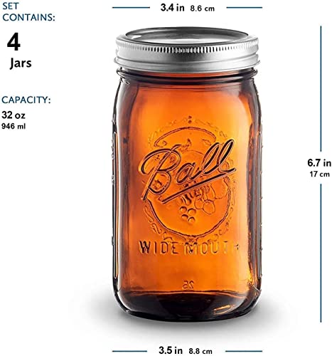 Ball WIDE MOUTH Quart (32 oz.) Glass Food Preserving Pickling Canning Mason Jar with Lid and Band, Clear, 12-Count (Packaging May Vary) (Amber)