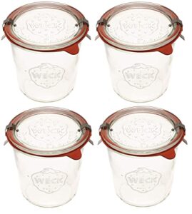 weck canning jars 742-19.6 fl. oz weck mold jars made of transparent glass - eco-friendly canning jar - food storage containers with lids airtight - 1/2 liter jars set - pack of 4 jars with lids