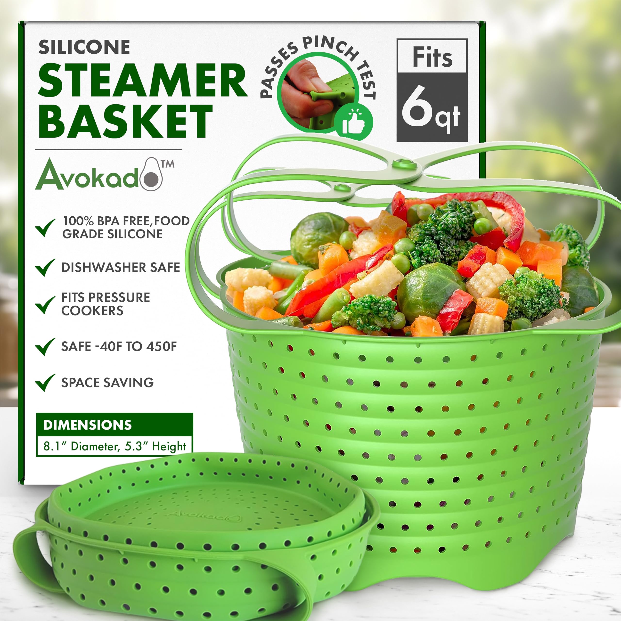 Avokado Silicone Steamer Basket for 6qt Instant Pot [3qt, 8qt avail], Ninja Foodi, Other Pressure Cookers - 100% Food Safe, BPA-Free, Dishwasher Safe Collapsible Vegetable Steamer Basket & Strainer