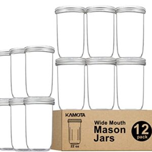 KAMOTA Wide Mouth Mason Jars 22 OZ With Wide Lids and Bands, Ideal for Jam, Pudding, Honey, Wedding Favors, DIY Spice Jars, Shower Favors,12 PACK, 12 Silver Pipette Covers Included