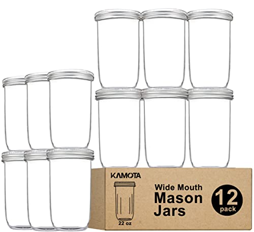 KAMOTA Wide Mouth Mason Jars 22 OZ With Wide Lids and Bands, Ideal for Jam, Pudding, Honey, Wedding Favors, DIY Spice Jars, Shower Favors,12 PACK, 12 Silver Pipette Covers Included