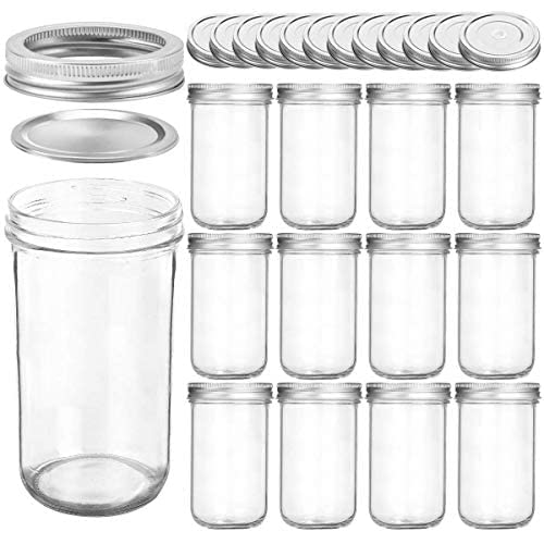 KAMOTA Wide Mouth Mason Jars 22 OZ With Wide Lids and Bands, Ideal for Jam, Pudding, Honey, Wedding Favors, DIY Spice Jars, Shower Favors,12 PACK, 12 Silver Pipette Covers Included