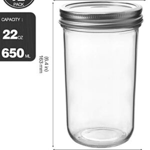 KAMOTA Wide Mouth Mason Jars 22 OZ With Wide Lids and Bands, Ideal for Jam, Pudding, Honey, Wedding Favors, DIY Spice Jars, Shower Favors,12 PACK, 12 Silver Pipette Covers Included