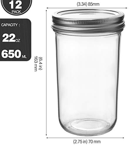 KAMOTA Wide Mouth Mason Jars 22 OZ With Wide Lids and Bands, Ideal for Jam, Pudding, Honey, Wedding Favors, DIY Spice Jars, Shower Favors,12 PACK, 12 Silver Pipette Covers Included