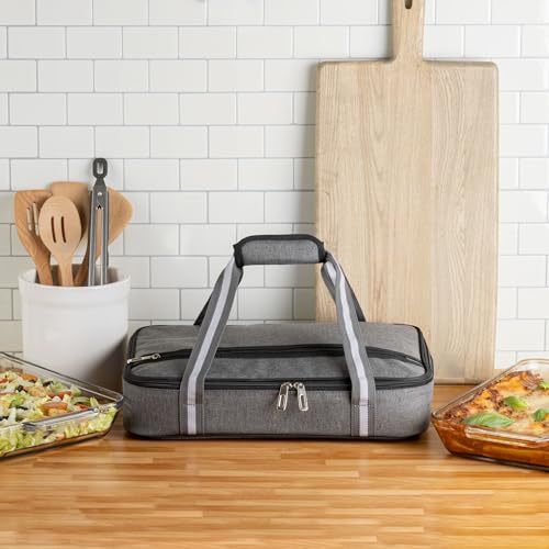 Stack Store Plus More Gray Insulated Casserole Carrier for Hot or Cold Food, Lasagna Holder for Picnic, Potluck, Cookout – Fits 9”x13” or 11”x15” Baking Dish – Thermal Tote