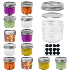 srnrus small mason jars 4 oz with lids and bands, 12 pack regular mouth mason jar mini glass canning jars for jelly, jam, honey, wedding favors, shower favors and home decor (4 ounce)