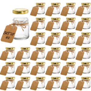 kingrol 60 pack 1.5 oz glass jars with lids, mini honey jars, mason jars with personalized label tags and string for spices, herbs, jams, crafts, wedding party favors, decor