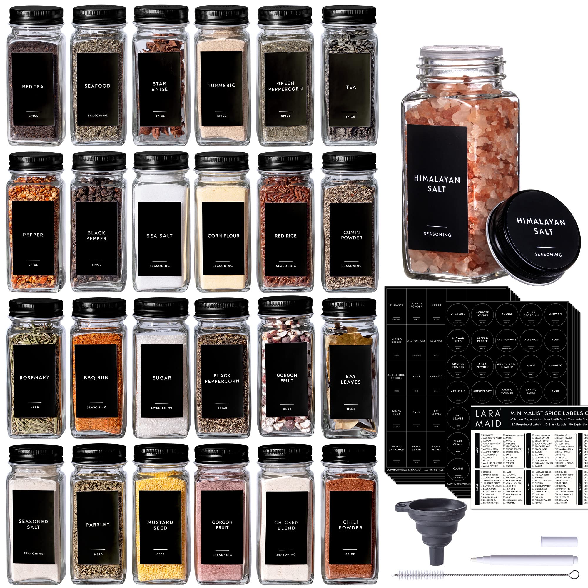 Laramaid 4oz 36Pack Glass Jars with 459 Minimalist Black Vinyl Spice Labels, Shaker Lids Dispenser with Airtight Black Metal Caps, White Pen, Cleaning Brush & Collapsible Silicone Funnel