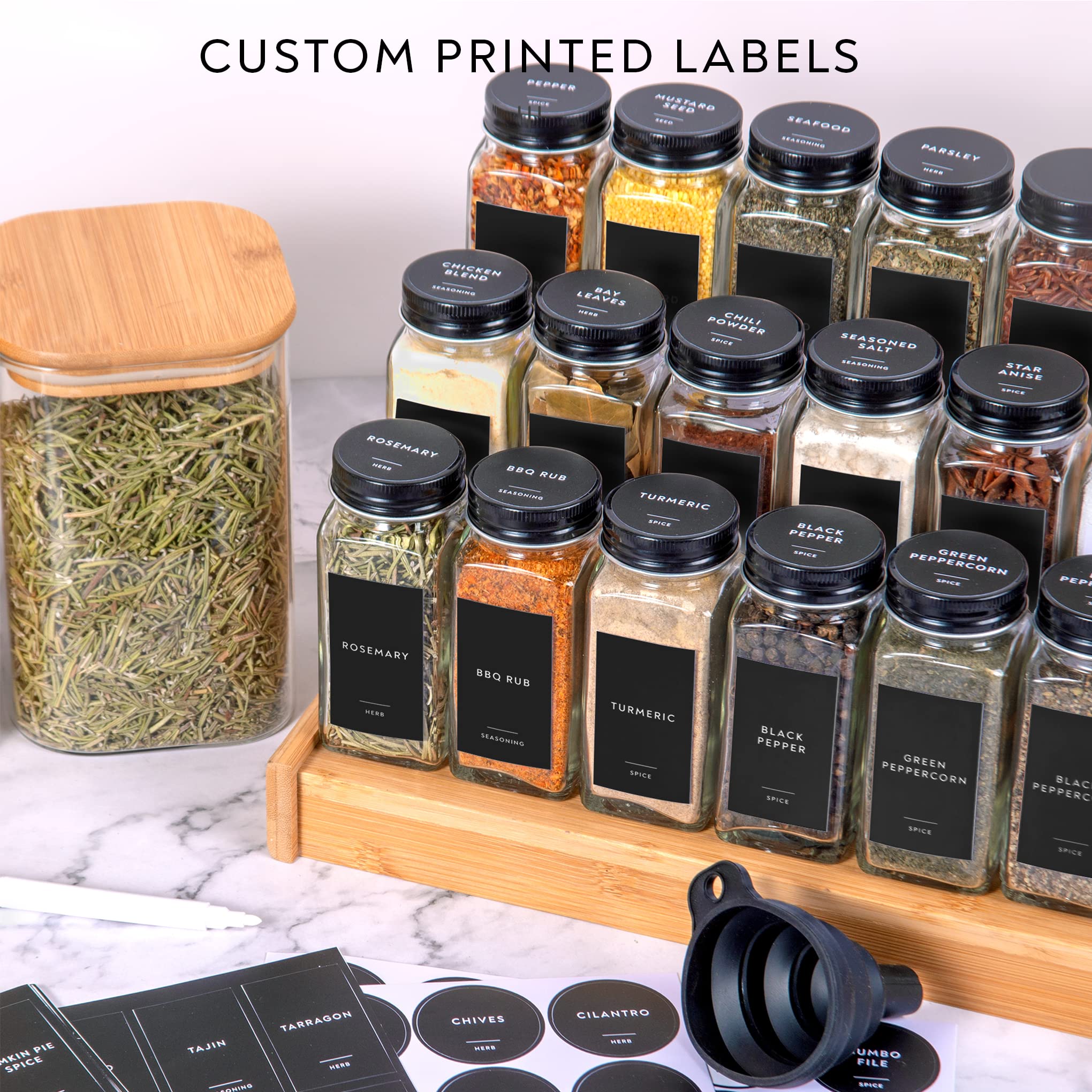 Laramaid 4oz 36Pack Glass Jars with 459 Minimalist Black Vinyl Spice Labels, Shaker Lids Dispenser with Airtight Black Metal Caps, White Pen, Cleaning Brush & Collapsible Silicone Funnel