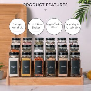 Laramaid 4oz 36Pack Glass Jars with 459 Minimalist Black Vinyl Spice Labels, Shaker Lids Dispenser with Airtight Black Metal Caps, White Pen, Cleaning Brush & Collapsible Silicone Funnel