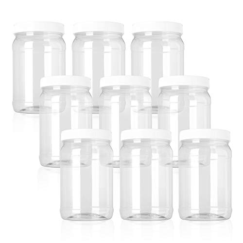 Fasmov 9 Pack 32 Oz Plastic Jars with Lids, Wide Mouth Clear Empty Plastic Storage Containers for Crafts, Dry Food, Peanut Butter, Honey and Jam Storage